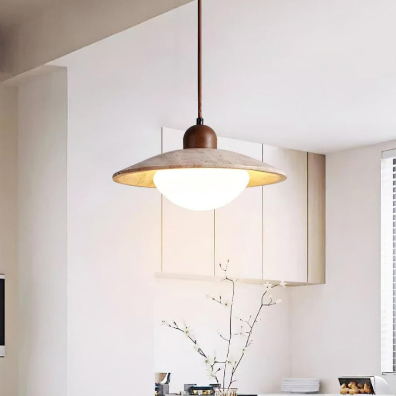 Natural Travertine Wooden Plate Pendant Light | FIMULL